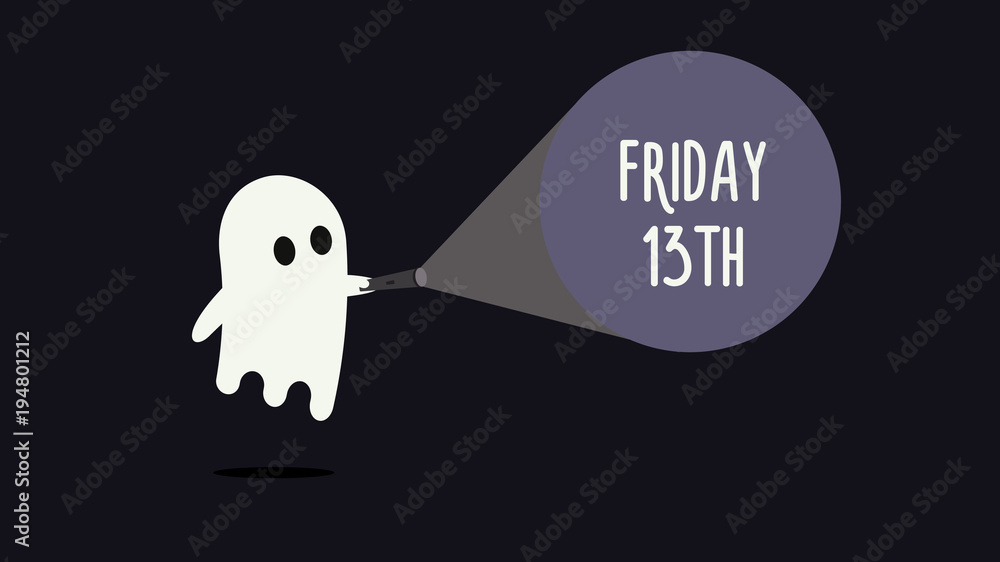 Cute ghost with his flashlight pointing towards Friday 13th. Vector ...