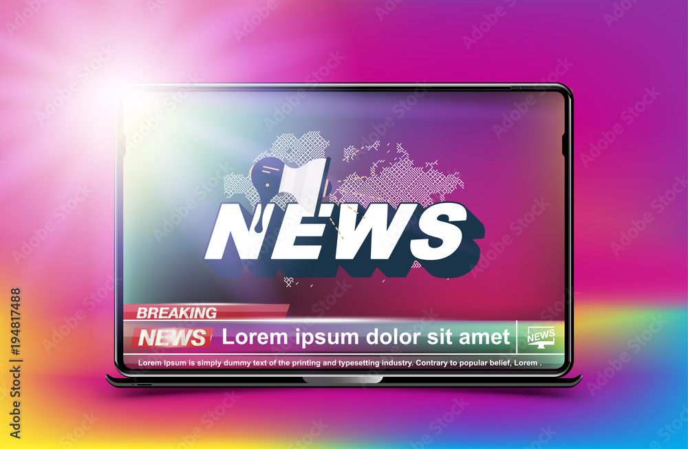 Banner Breaking News template in realistic laptop on colour background ...