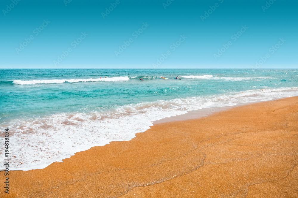 Yellow sand and turquoise color waters at swimming area of sea - Jeju ...