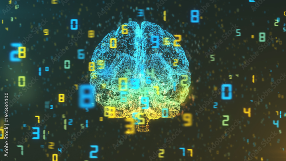 Digital computer brain 3D render floating in front view with numerical ...