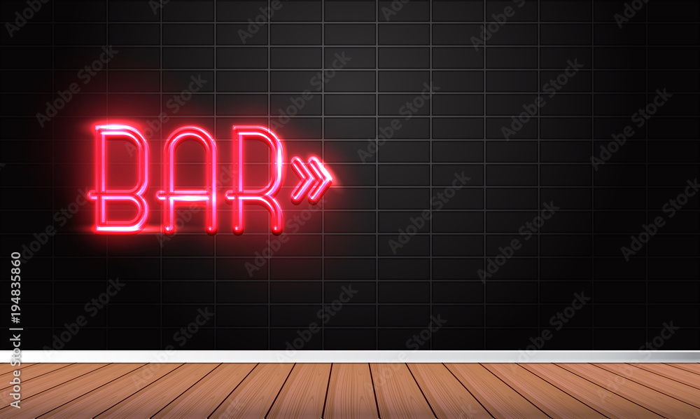 Bar neon sign - Fluorescent Neon Sign on brickwall Front view Stock ...