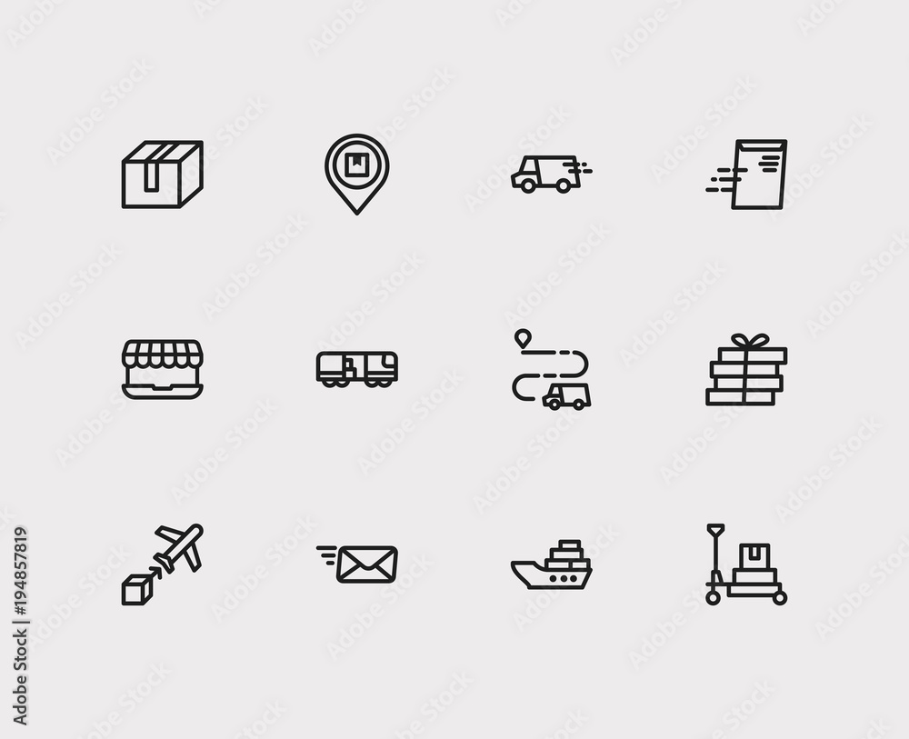 Delivery icons set with train send, shipment address and ship delivery ...