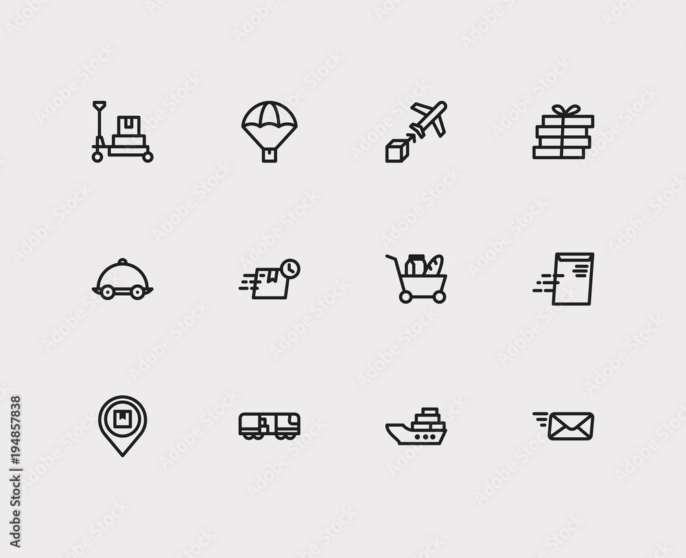 Delivery icons set with email send, fast shipment and train delivery ...