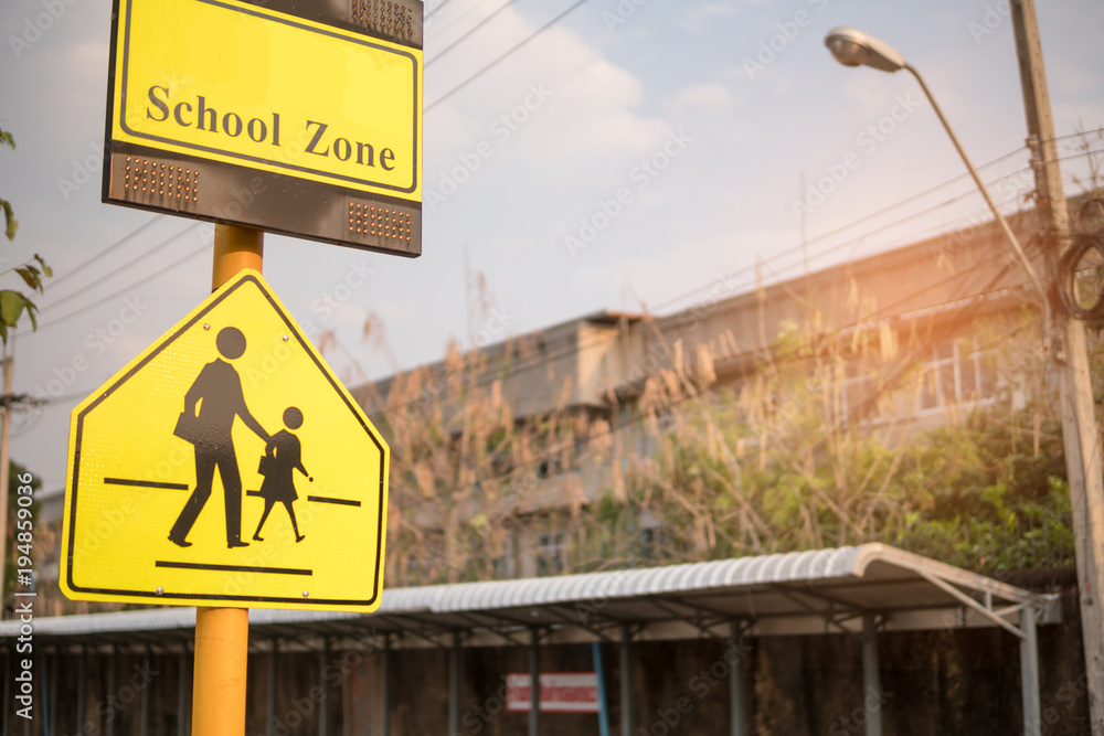 School zone sign. road sign caution sign - school crossing. Stock Photo ...