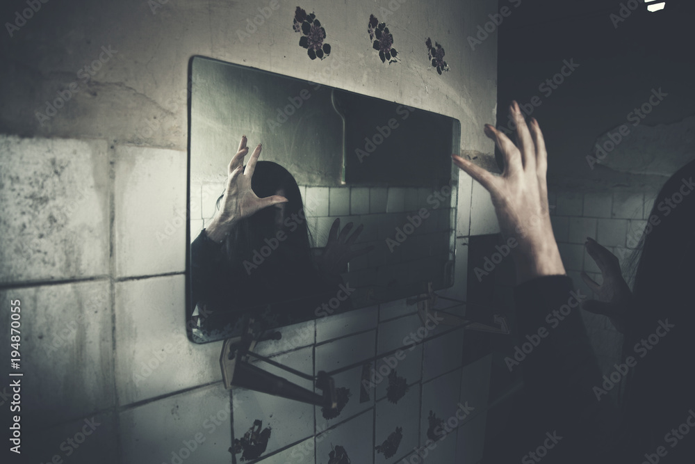 Horror movie scene with a creepy face in the mirror Stock Photo | Adobe ...