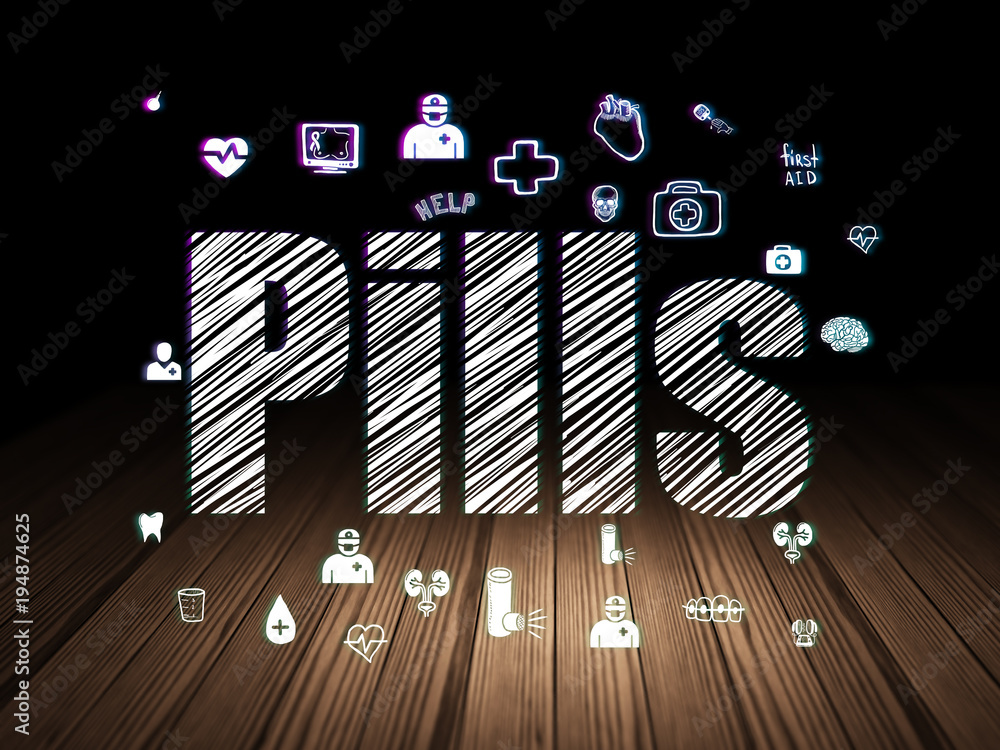 Medicine concept: Glowing text Pills, Hand Drawn Medicine Icons in ...