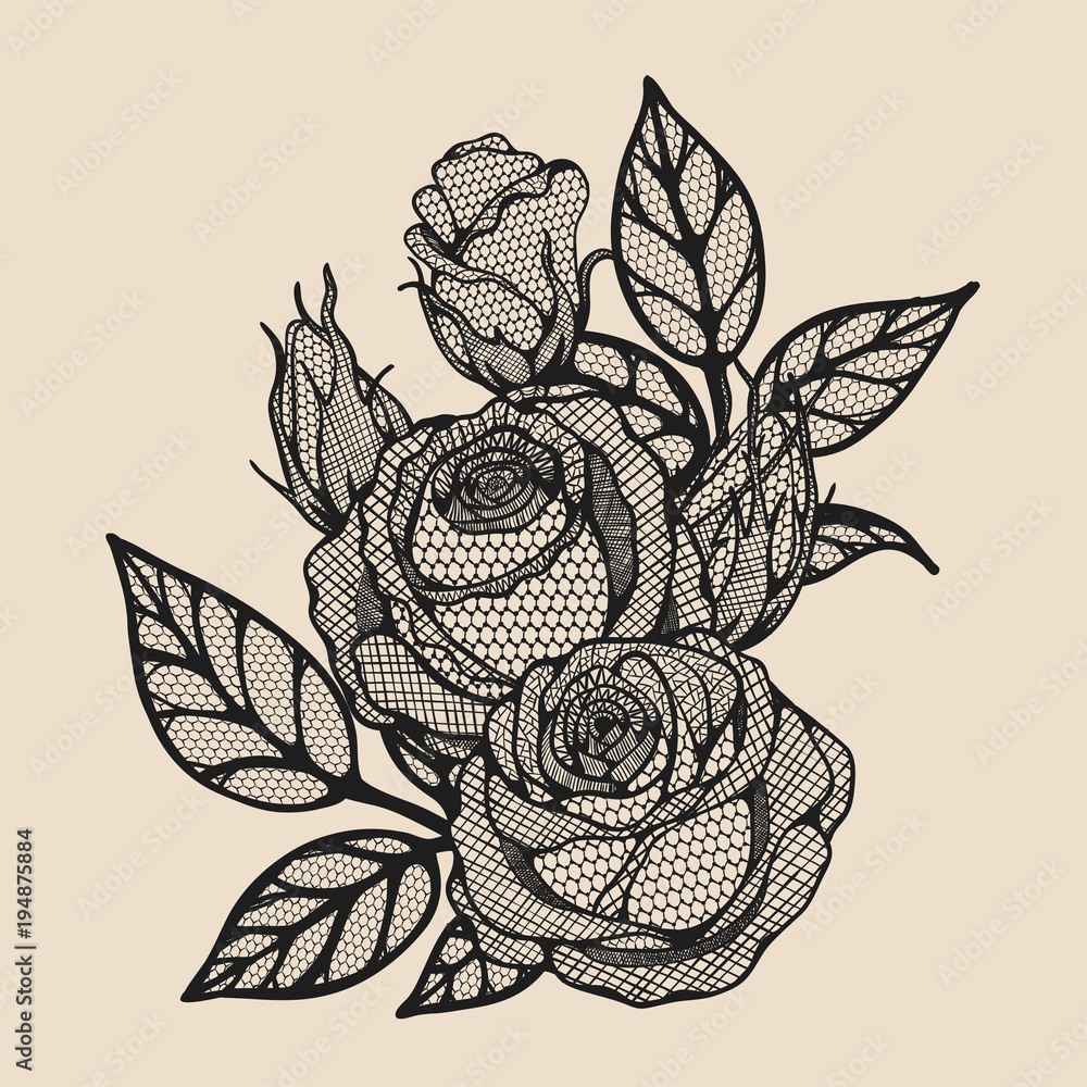 Rose vector lace by hand drawing.Beautiful flower on brown background ...