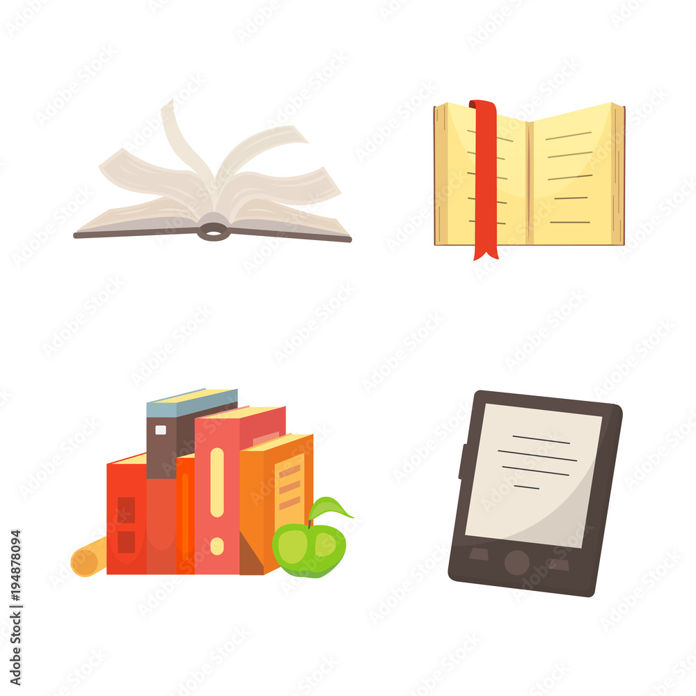 Books set in cartoon design style isolated on white background, vector ...