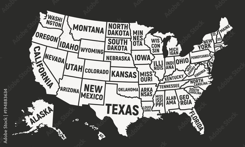United States of America map with state names. USA background. Vector ...