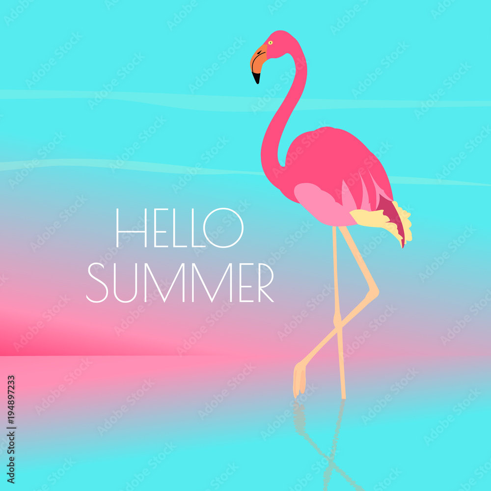 Hello summer quote. Pink flamingo standing in water on one leg. Exotic ...
