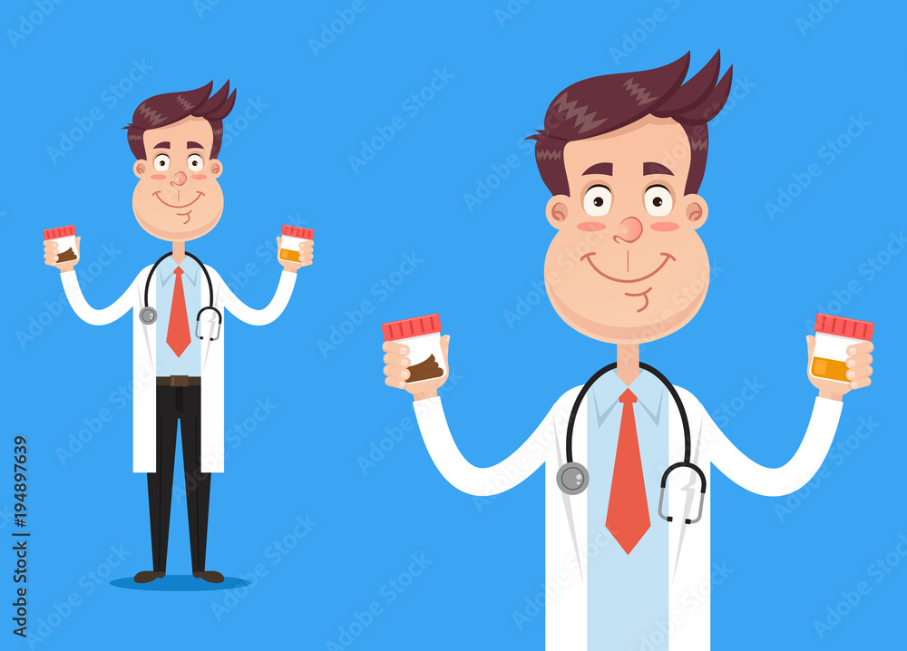 Happy smiling doctor scientist character hold biology tests urine and ...