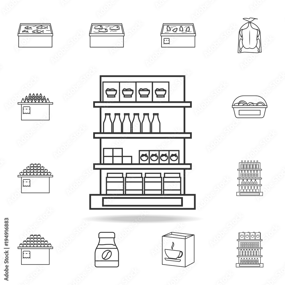 shelves in the grocery store icon. Detailed set of shops and ...