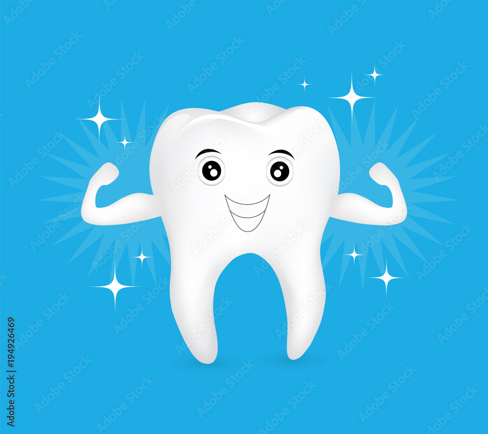 Healthy tooth character showing muscle with smiley face. Dental care ...