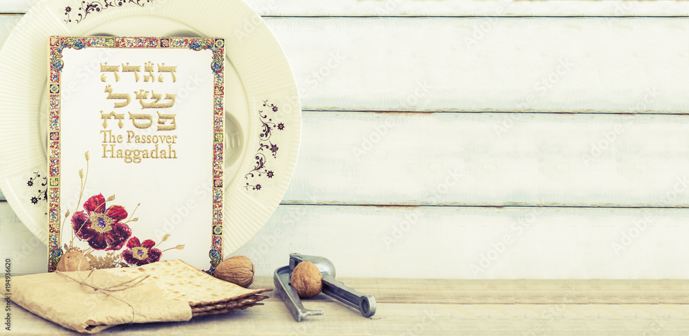 Pack of matzah or matza, Passover Haggadah, red kosher wine and white ...