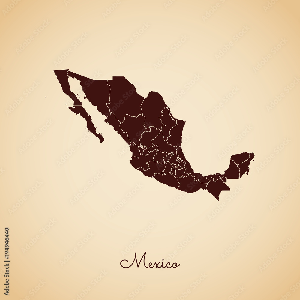 Mexico region map: retro style brown outline on old paper background ...