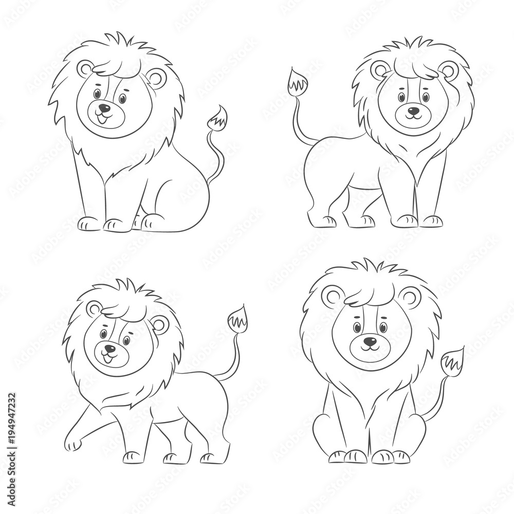 Set of lions for coloring book.Isolated on white background.Line art ...