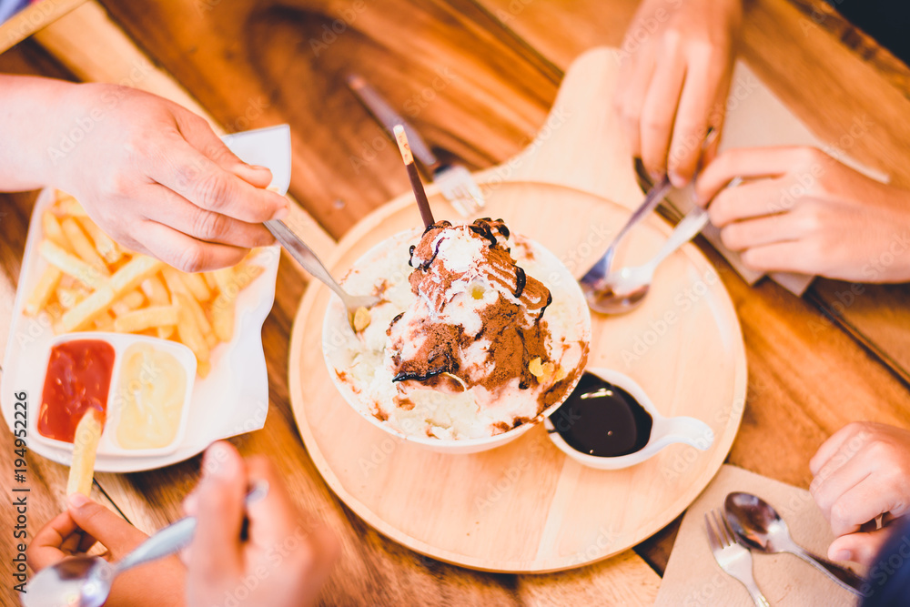 People enjoy chocolate Bingsu on tray, Bingsu or Bingsoo, Korean shaved ...