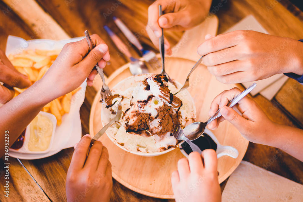 People enjoy chocolate Bingsu on tray, Bingsu or Bingsoo, Korean shaved ...