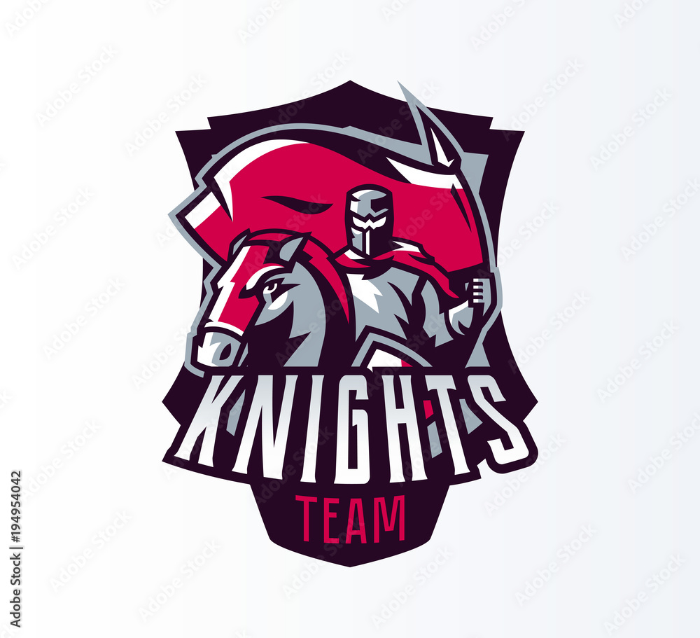 Emblem, logo, sticker, knight with flag on horseback. Crusader ...
