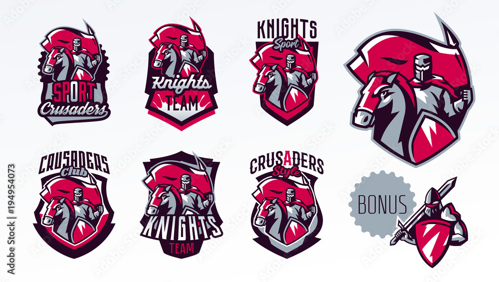 A set of emblems, logos, stickers, a knight with a flag on a horse ...