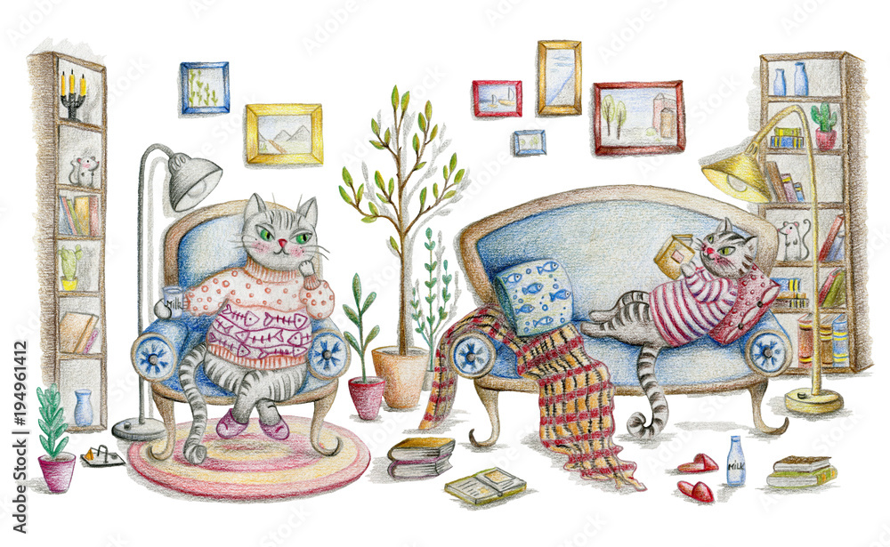 Cozy room interior with cats and furniture. Cute cartoon characters ...