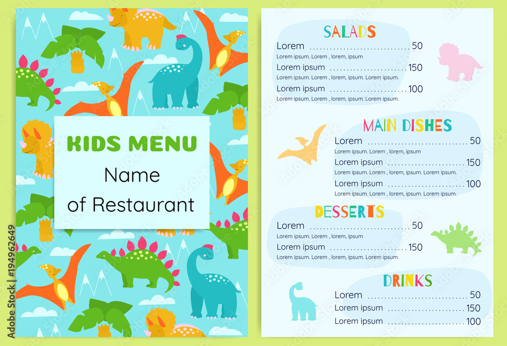 Kid's menu with dinosaurs. Design vector template. Stock Vector | Adobe ...