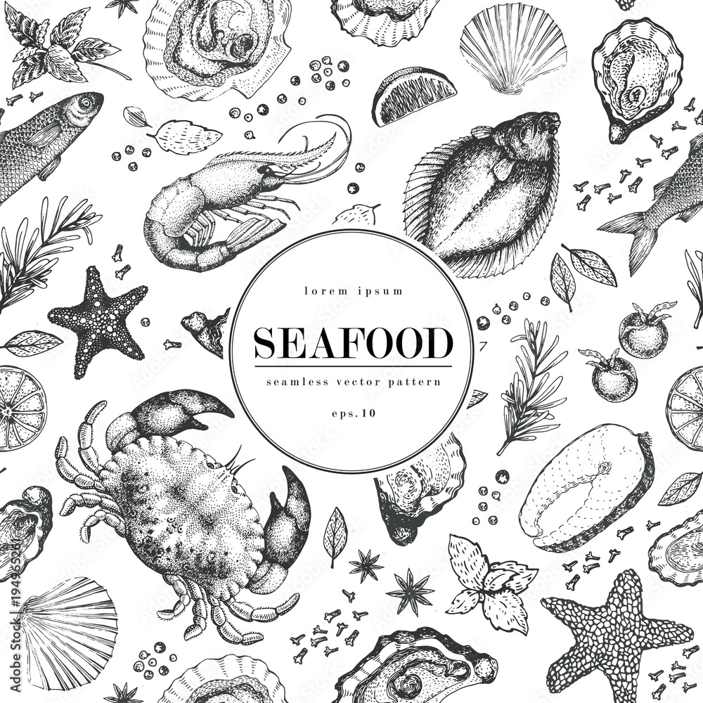 Seafood vector seamless pattern for restaurants, emblem, vector image ...