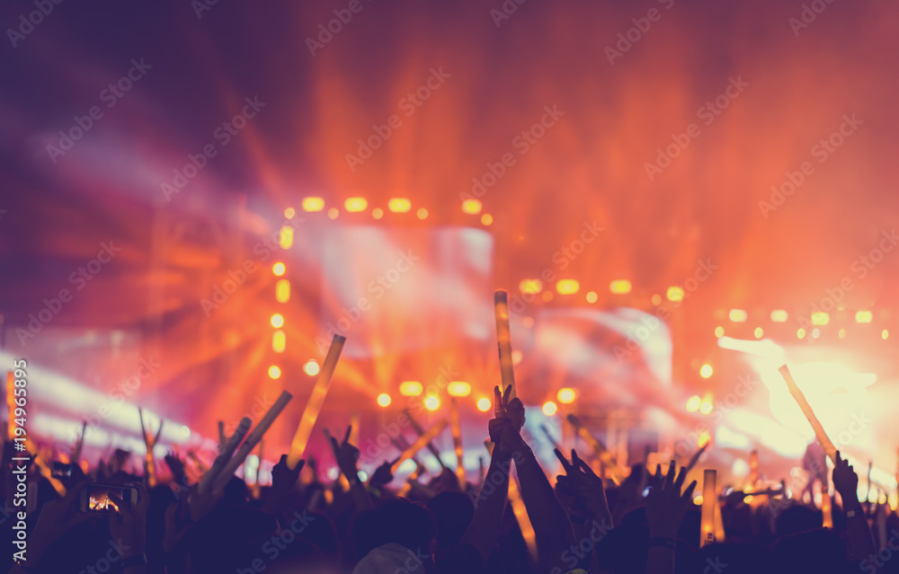 Silhouette crowd of concert stage lights and people fan audience ...