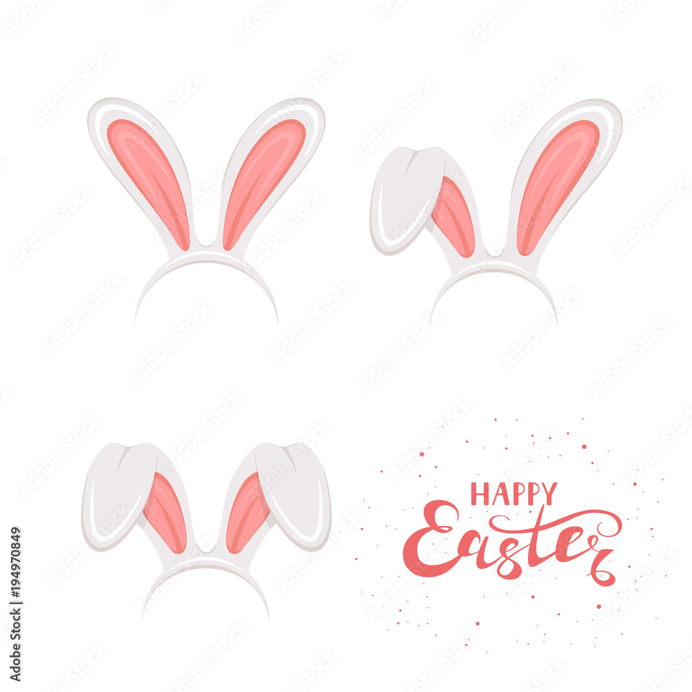 Text Happy Easter and set of rabbit ears on white background Stock ...