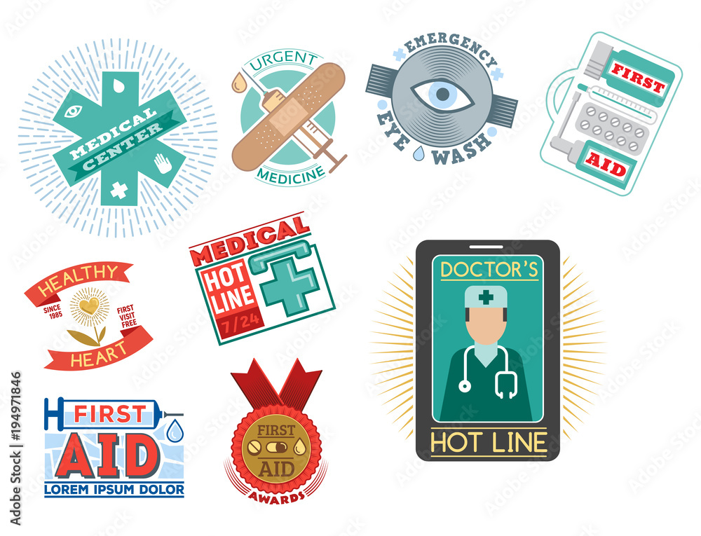 Vector illustration of medical emblem vintage tag for first aid ...