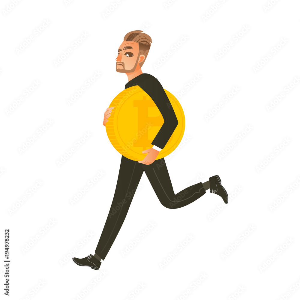 Man, businessman running, hurrying with giant bitcoin, BTC, flat ...
