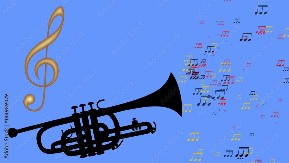 Tube and golden violin key. Colorful moving musical notes. Animation of ...