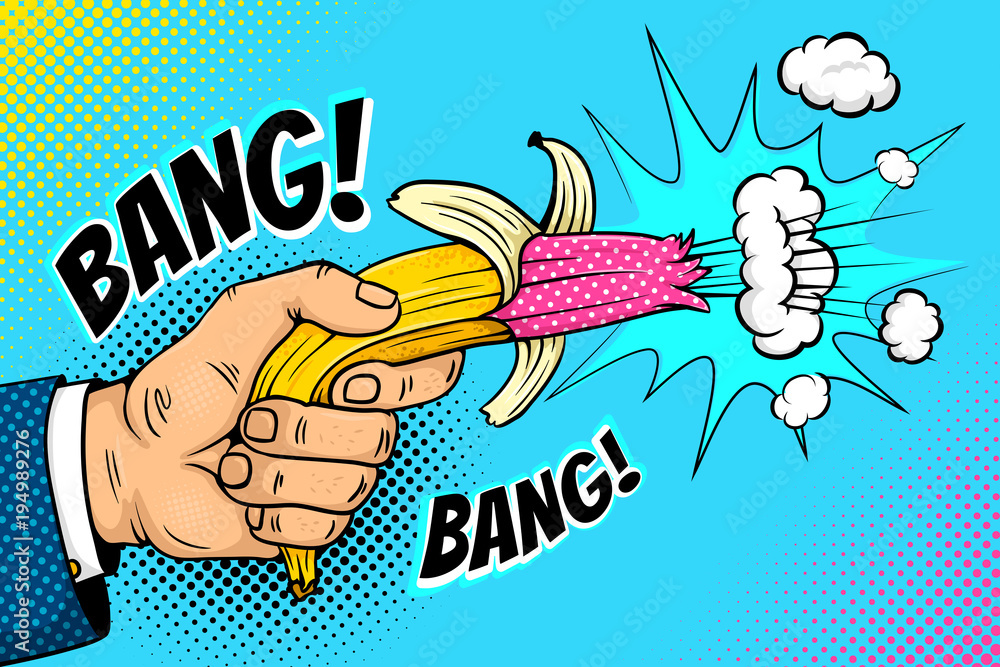 Pop art background with male hand holding bright banana revolver that ...