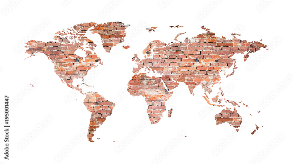 world map from old bricks in loft style, for interior, design ...