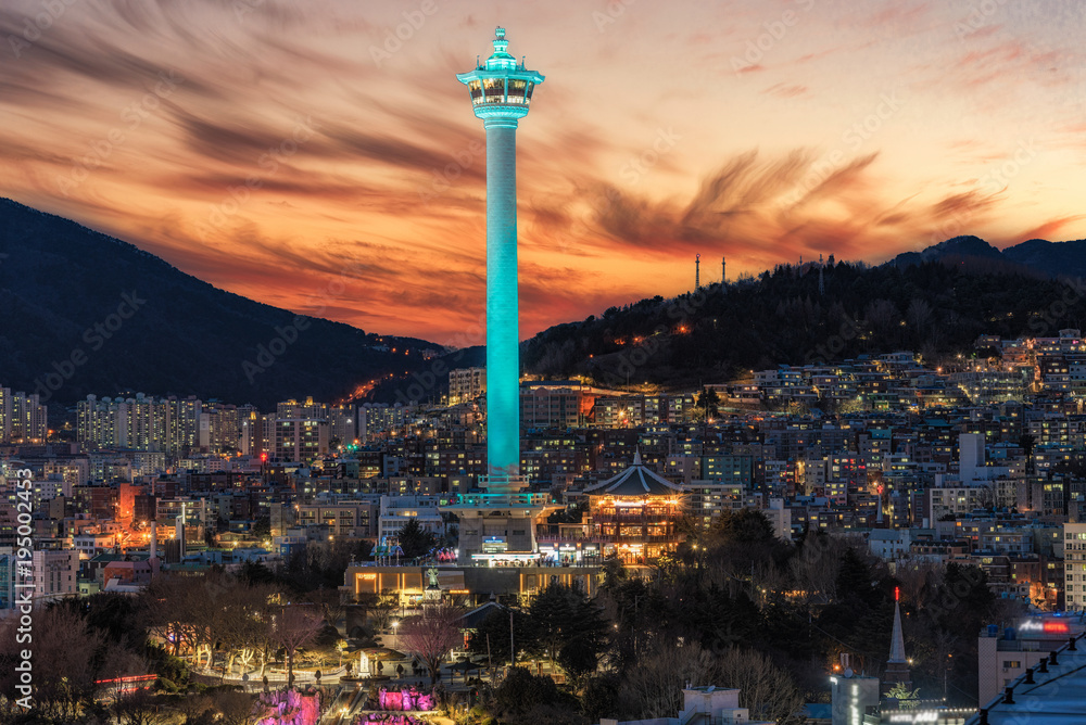 Photo & Art Print Busan city skylight and Busan tower at night in Korea ...
