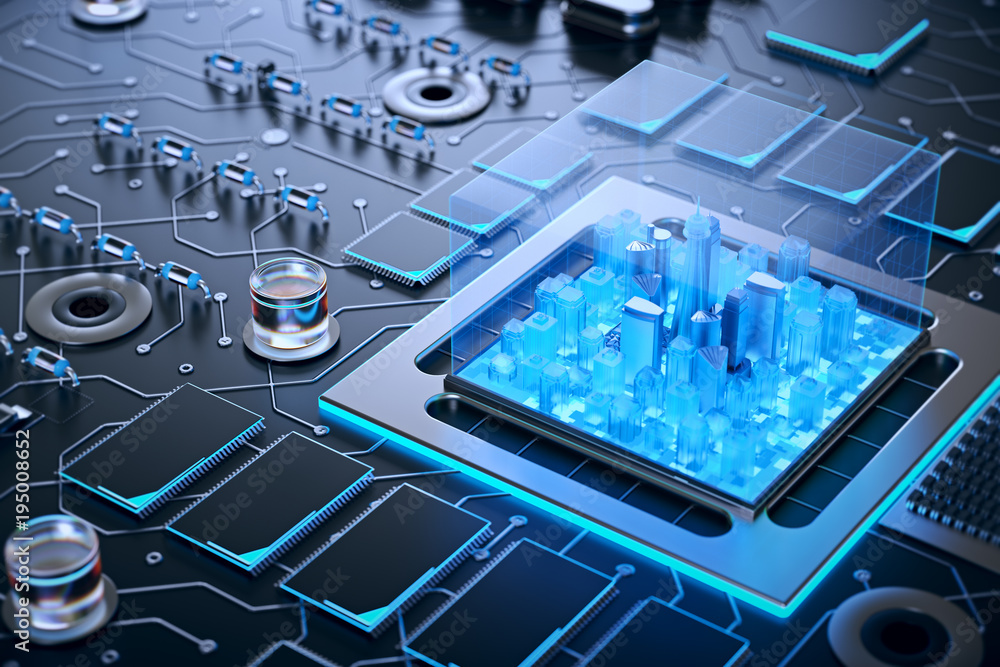 3d illustration of futuristic micro chip city. Computer science ...