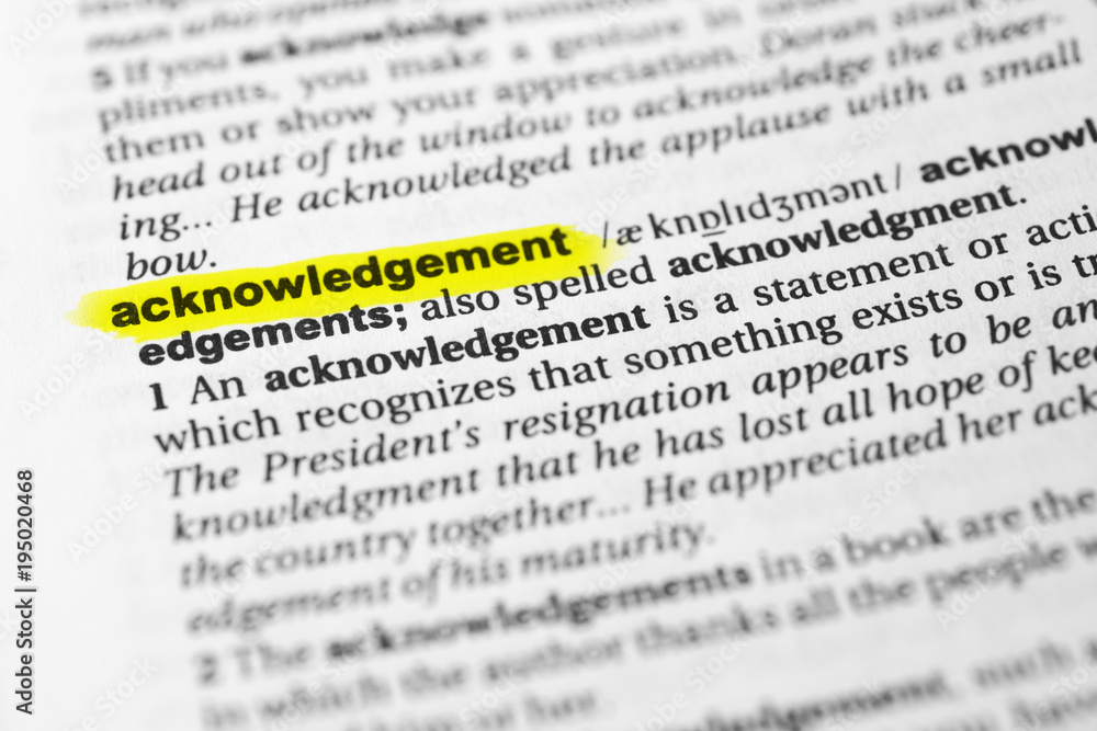 Highlighted English word "acknowledgement" and its definition in the ...