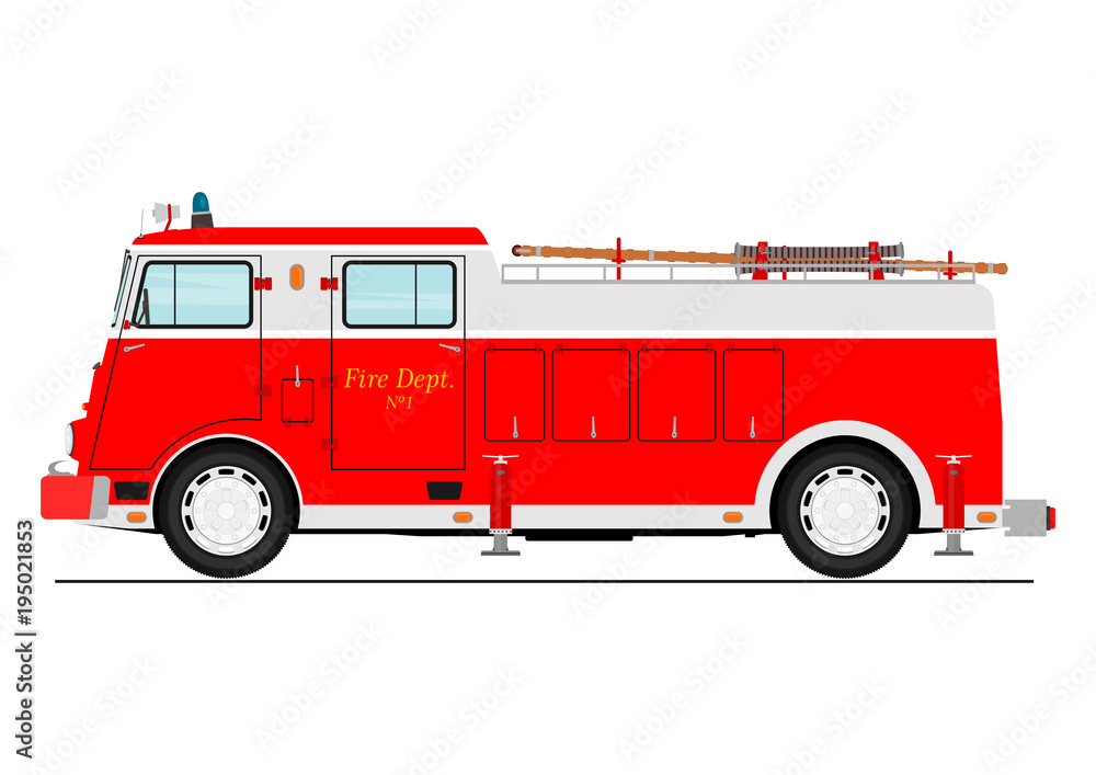 Cartoon classic fire truck. Side view. Flat vector. Stock Vector ...