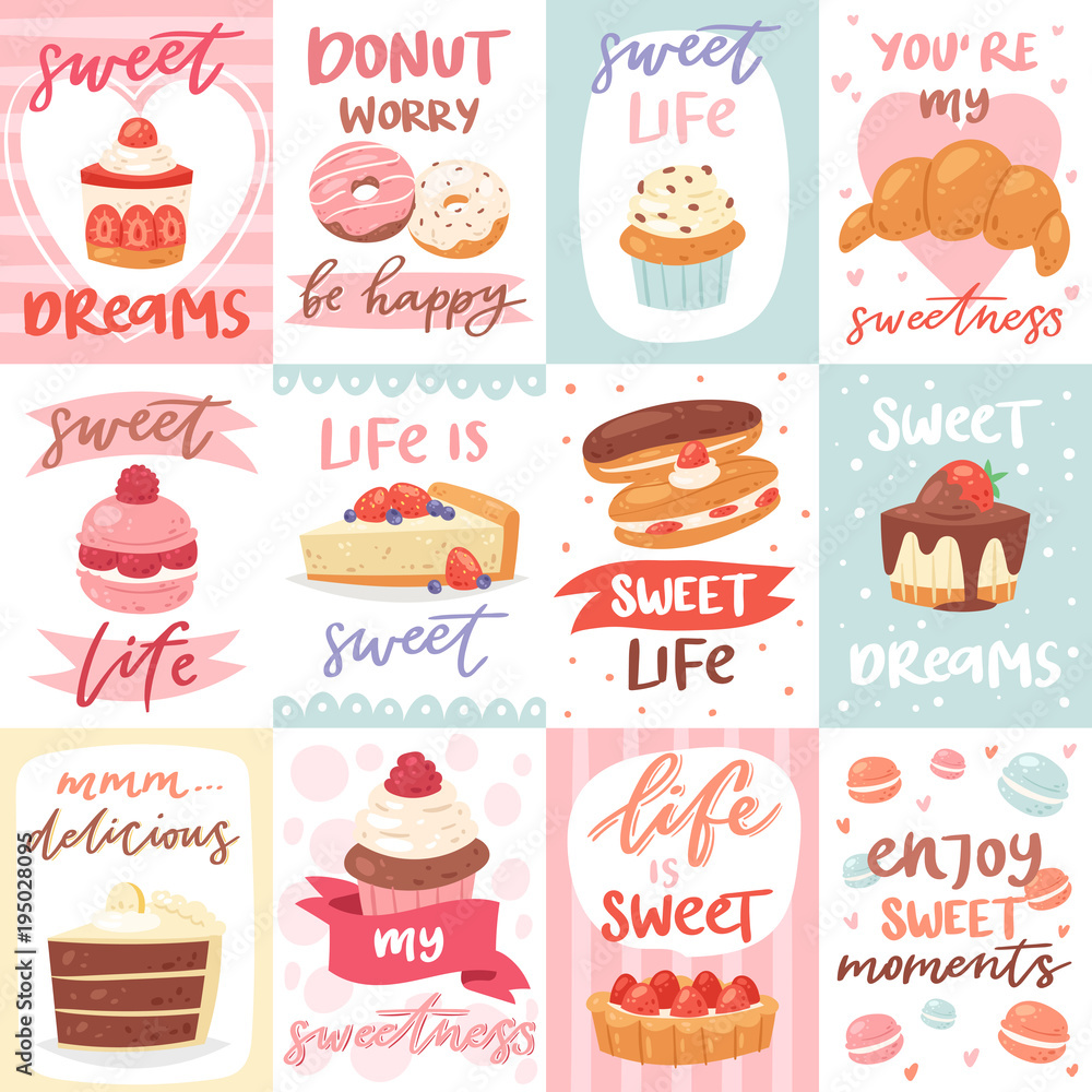Sweets lettering vector confectionery cupcake sign and sweet confection ...