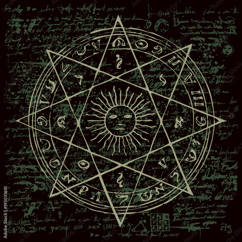 Illustration of the sun in an octagonal star with magical inscriptions ...