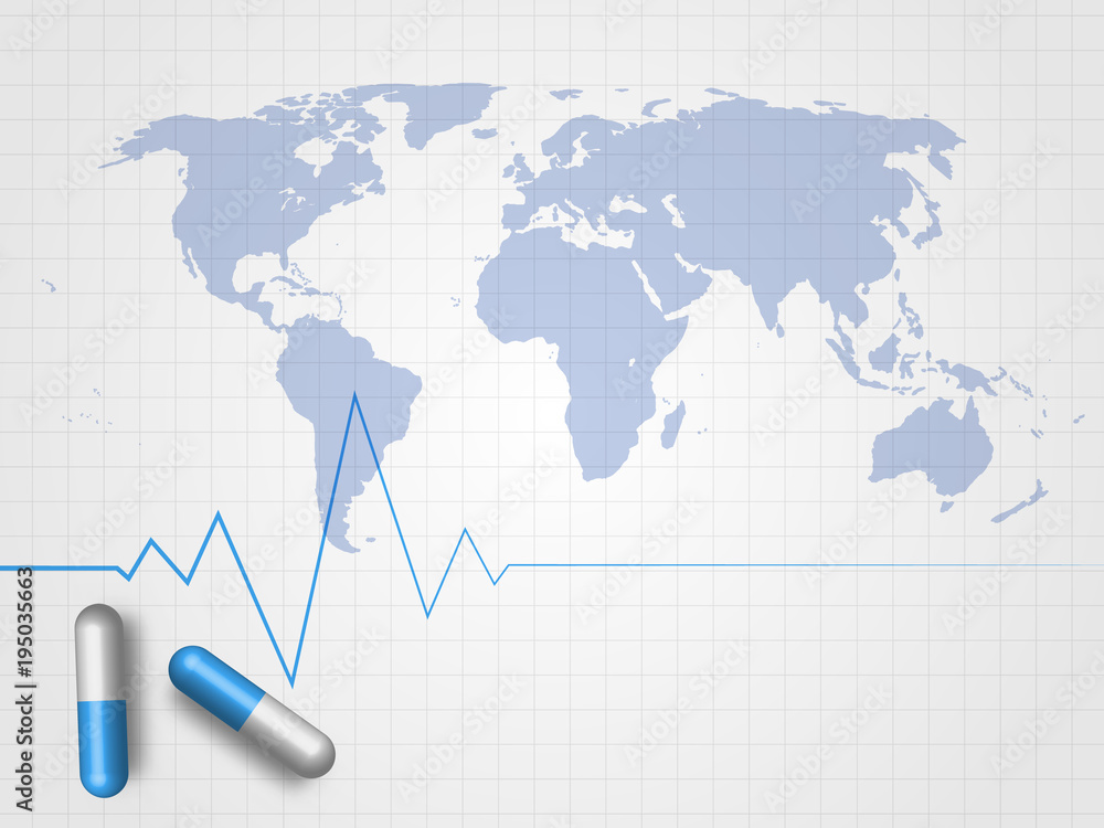 Medicines and heartbeat line on world map and grid background represent ...