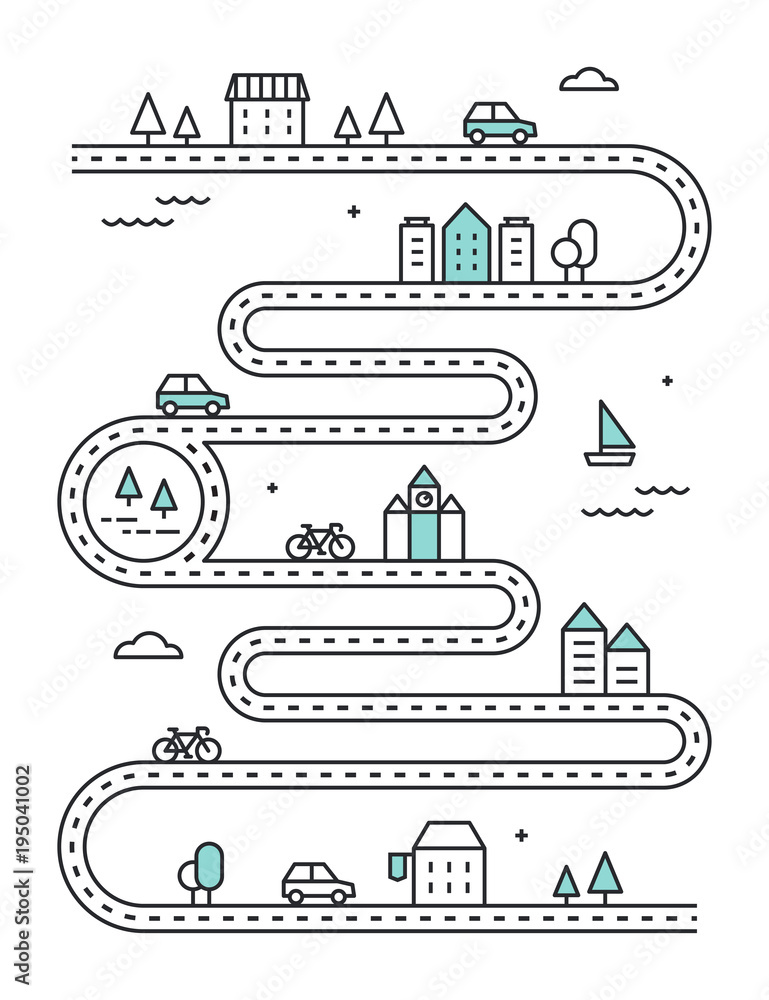 Road Illudtrated Map with Town Buildings and Transport. Vector ...