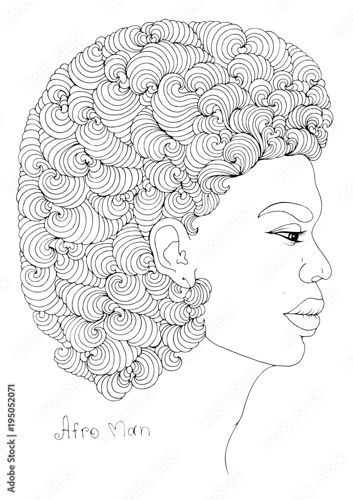 Vector hand drawn line profile portrait of a young African man with ...