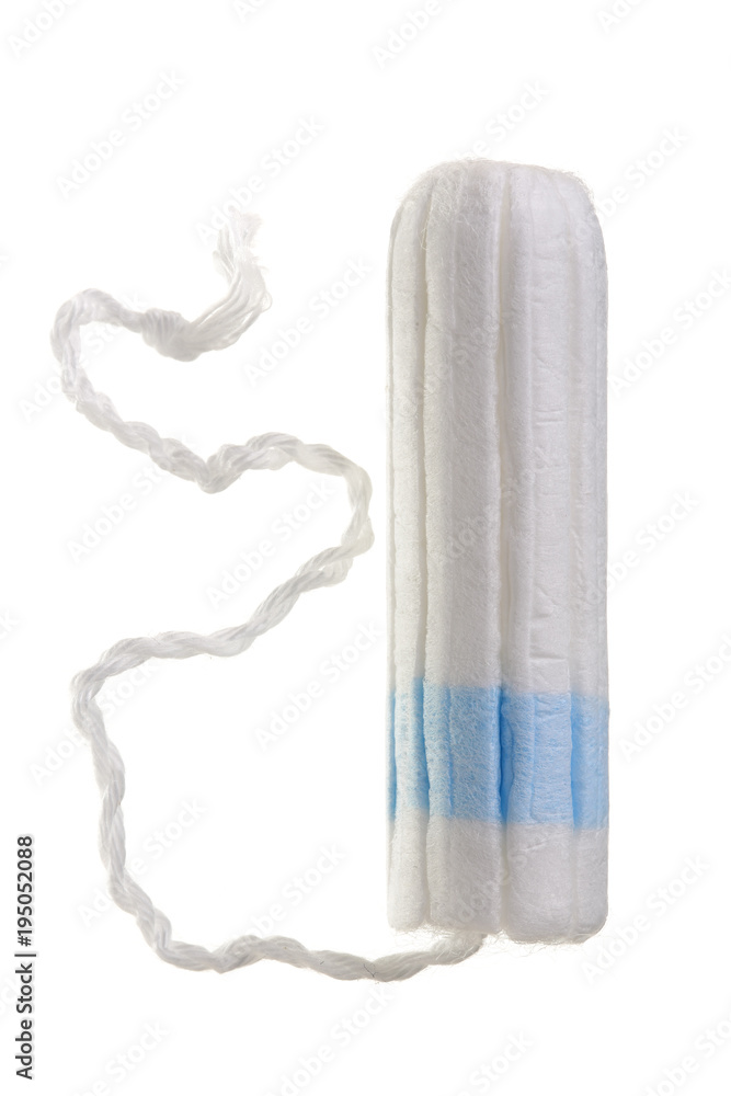 A new tampon with blue string to absorb menstrual blood isolated on ...