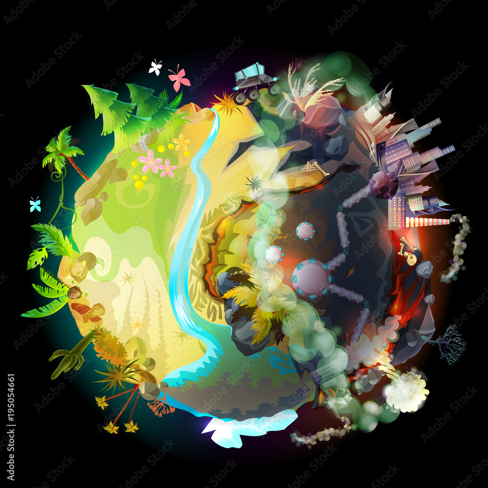 Vector illustration of green Earth, evolution, technology progress and ...