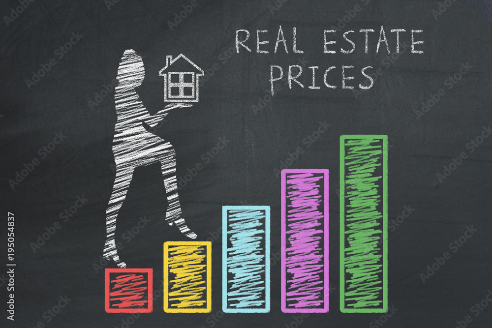 Real estate prices. Drawn business woman holding house and climbing up ...