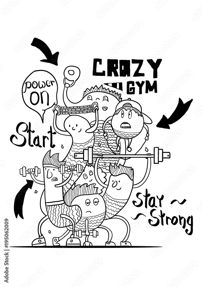 a company of athletes in the gym,animated funny characters ...