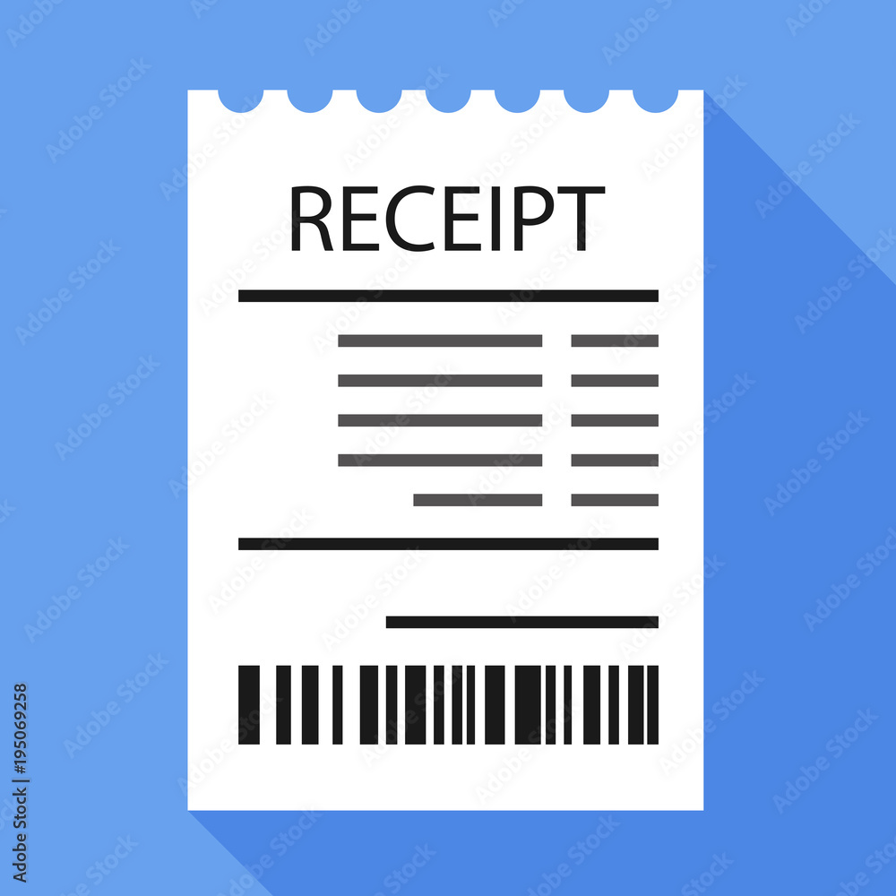 Simple, flat receipt icon design. On a blue background, casting a ...