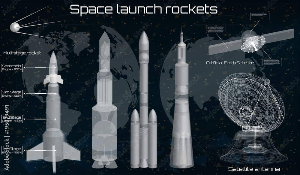 Space launch rockets, spacecraft set, space dish, space satellite, 3d ...