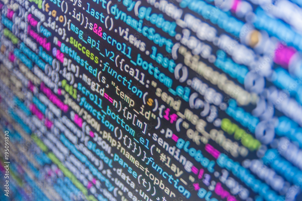 Software development. Website codes on computer monitor. Server logs analysis. Software abstract ...